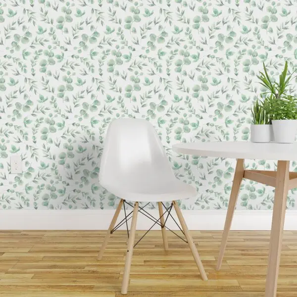 Spoonflower Nursery Eucalyptus Watercolor Leaf Leaves Custom Pre-pasted Wallpaper - Green