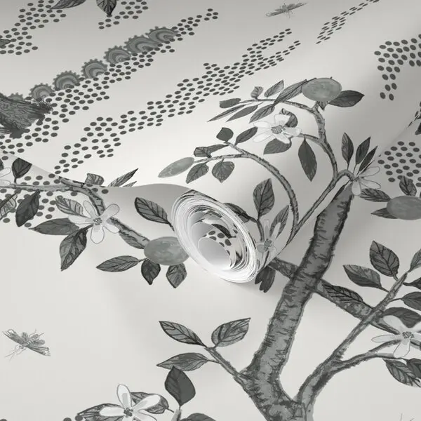 Spoonflower Bird Black And White Cream Tree Oranges Custom Pre-pasted Wallpaper - Gray,green