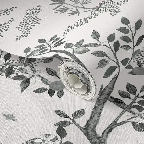 Spoonflower Bird Black And White Cream Tree Oranges Custom Pre-pasted Wallpaper - Gray,green