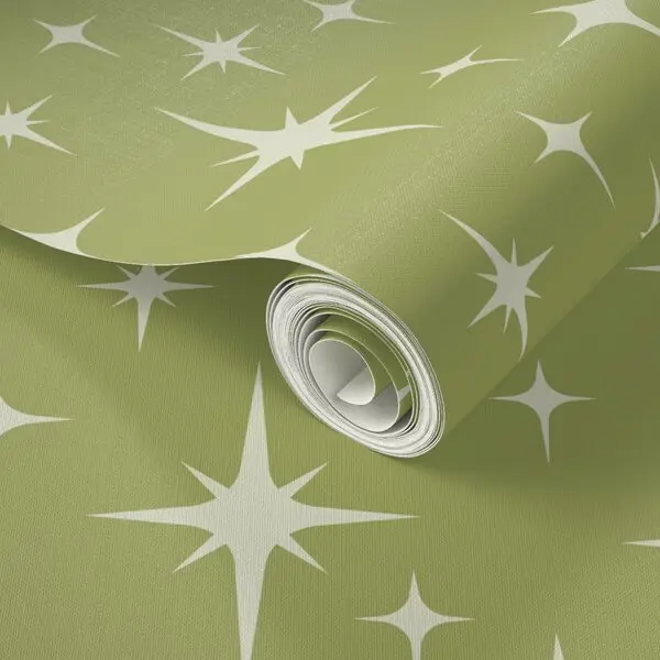Spoonflower Vintage Green Stars Retro 1950s Space Custom Pre-pasted Wallpaper - Sage,green