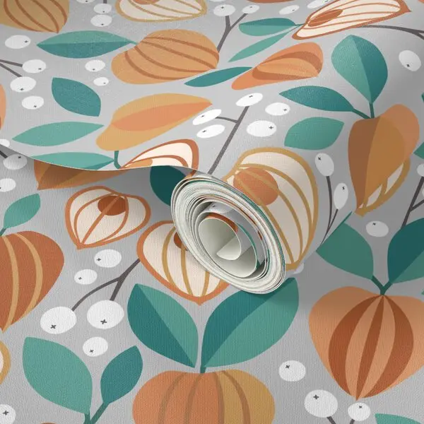 Spoonflower Leaves Nature Orange Grey Holiday Christmas Fall Traditional Wallpaper - Brown,blue,green