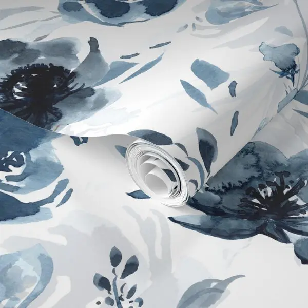 Spoonflower Flower Floral Romantic Monochromatic Blue Flowers Traditional Wallpaper - White,blue,gray
