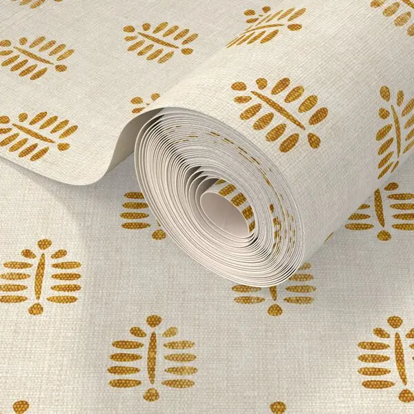 Spoonflower Floral Trendy Stamp Bohemian Boho Block Print 100% Natural Sisal Grasscloth Wallcovering - Gold,yellow