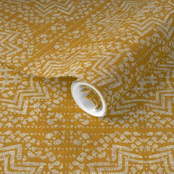 Spoonflower French Vintage Geo Yellow Geometric Mosaic Texture Custom Removable Wallpaper - Yellow,orange,brown