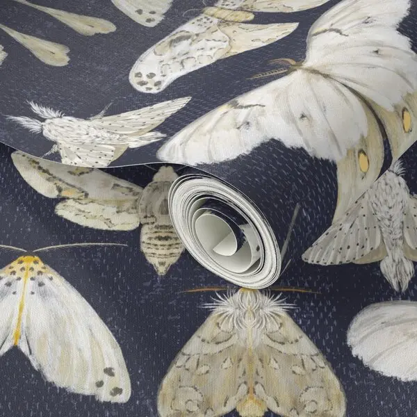 Spoonflower Moth Midnight Butterflies Animals Insects Traditional Wallpaper - Blue,beige,gray
