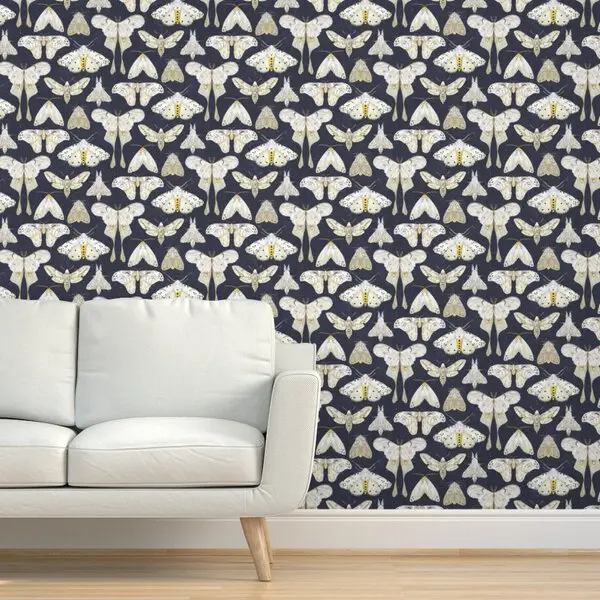 Spoonflower Moth Midnight Butterflies Animals Insects Custom Pre-pasted Wallpaper