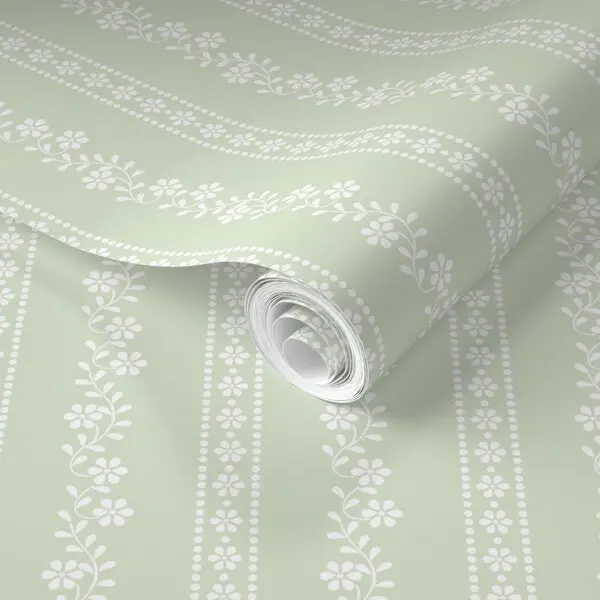 Spoonflower Flowers Floral Stripes Spring Summer Swedish Custom Pre-pasted Wallpaper - Green