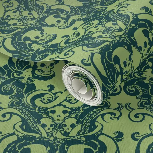 Spoonflower Skull Cthulhu Hidden Subliminal Lovecraft Custom Pre-pasted Wallpaper - Green,blue