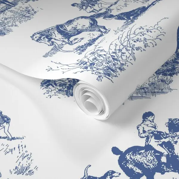 Spoonflower Vintage Horse Dogs Blue And White Toile Horses Custom Pre-pasted Wallpaper - White,blue,gray