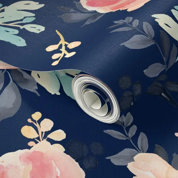 Spoonflower Coral Gray Mint Florals Navy Pink Floral Flowers Custom Pre-pasted Wallpaper - Blue,pink,mint