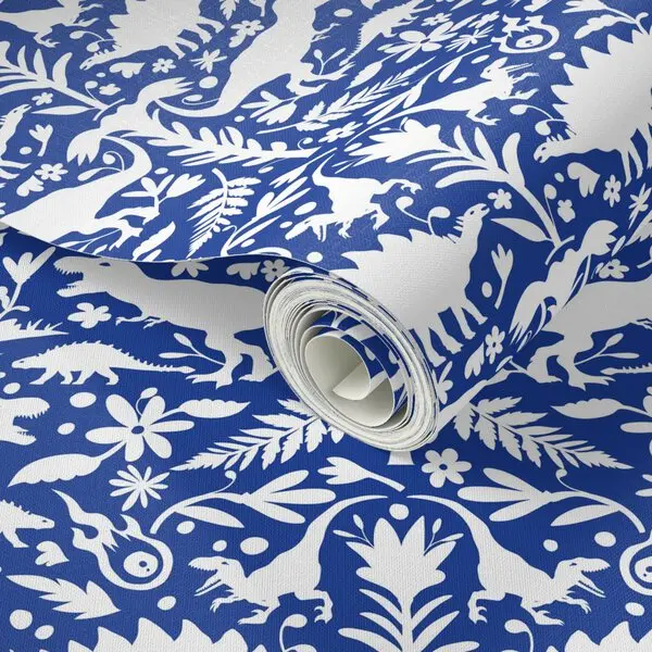 Spoonflower Dinosaur Dino Jurassic Otomi Mexico Mexican Folk Custom Removable Wallpaper - Blue