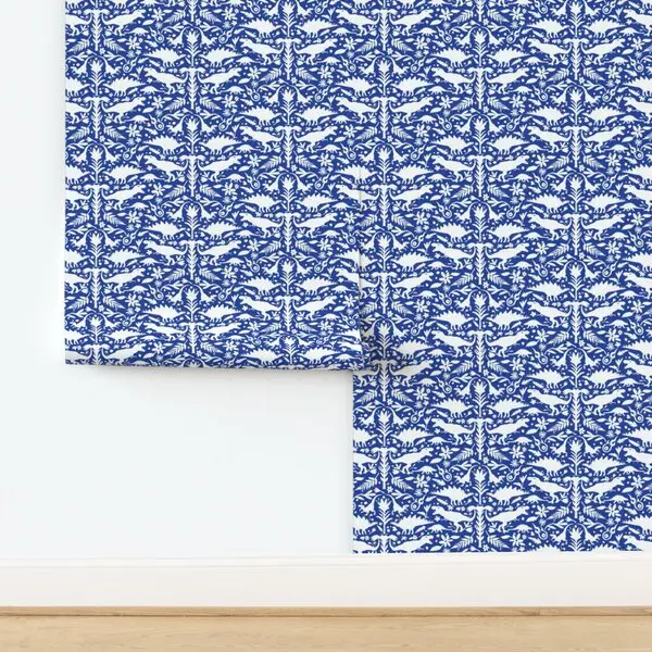 Spoonflower Dinosaur Dino Jurassic Otomi Mexico Mexican Folk Custom Removable Wallpaper - Blue