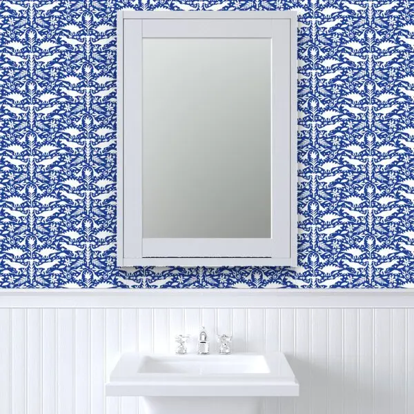 Spoonflower Dinosaur Dino Jurassic Otomi Mexico Mexican Folk Custom Removable Wallpaper - Blue