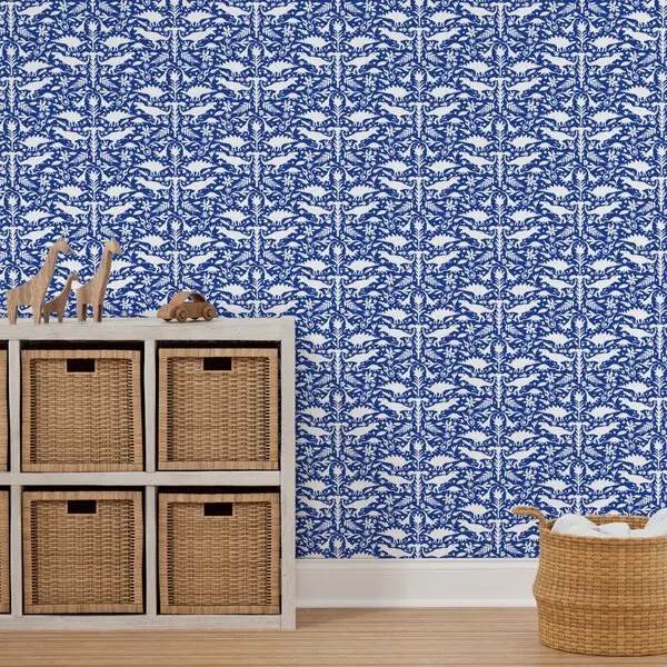 Spoonflower Dinosaur Dino Jurassic Otomi Mexico Mexican Folk Custom Removable Wallpaper - Blue