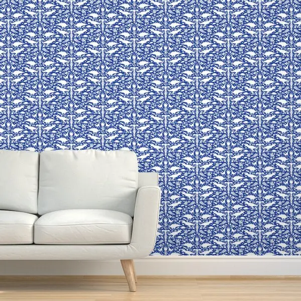 Spoonflower Dinosaur Dino Jurassic Otomi Mexico Mexican Folk Custom Removable Wallpaper - Blue