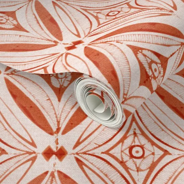 Spoonflower Terra Cotta Orange Boho Geometric Batik Moroccan Custom Pre-pasted Wallpaper - Red,white,pink