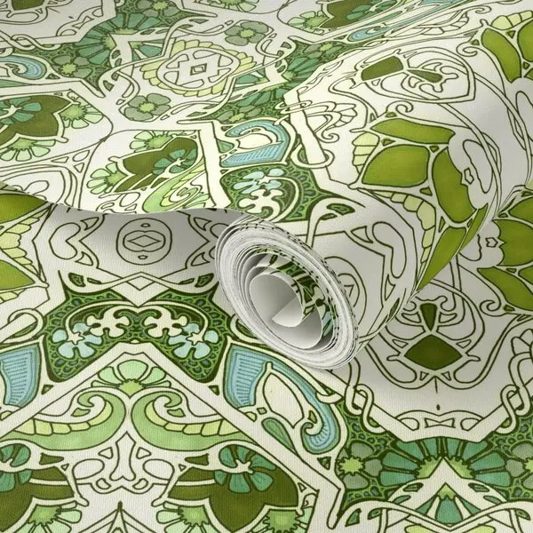 Spoonflower Life Green Paisley Planet Art Nouveau Garden Custom Pre-pasted Wallpaper - Green,white,sage
