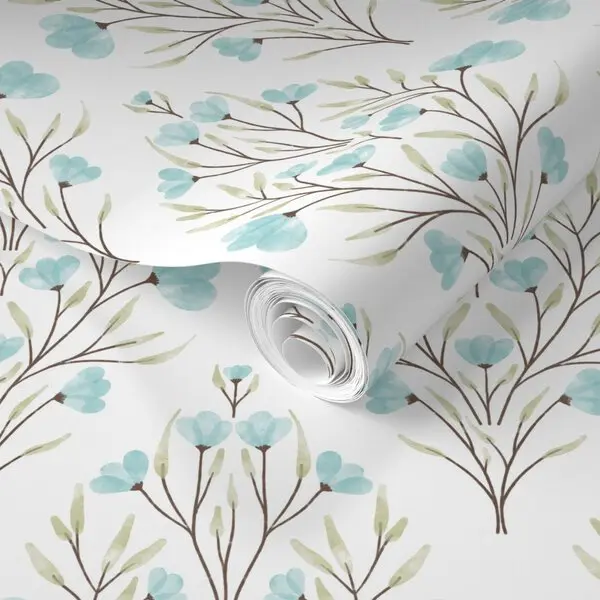 Spoonflower Love Flowers Flower Green Blue Leaves Floral Traditional Wallpaper - Blue,green,gray