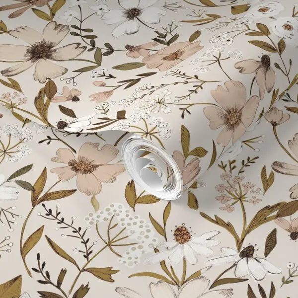 Spoonflower Vintage Bloom Floral Custom Removable Wallpaper - Brown,beige,gray