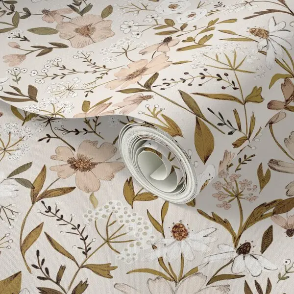 Spoonflower Vintage Bloom Floral Custom Pre-pasted Wallpaper - Brown,beige,gray