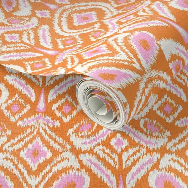 Spoonflower Ikat Flowers Orange Bohemian Boho Abstract Modern Custom Pre-pasted Wallpaper - Orange,pink,brown