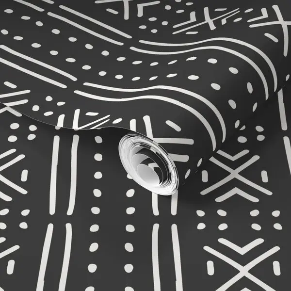 Spoonflower Line Mudcloth Dark Geo Boho Black White Traditional Wallpaper - Black,white,gray