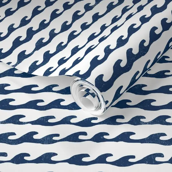 Spoonflower Surf Navy White Summer Nautical Ocean Waves Wave Custom Removable Wallpaper - Navy,blue