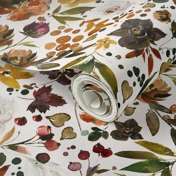 Spoonflower Orange Flowers Watercolor Autumn Floral Fall Traditional Wallpaper - Brown,gray