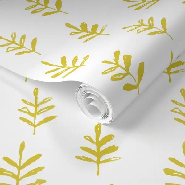 Spoonflower Leaves Botanical Yellow Mustard Trees Traditional Wallpaper - Yellow,white,beige