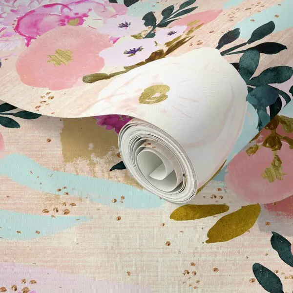 Spoonflower Painterly Floral Flowers Pink Blue Gold Watercolor Custom Removable Wallpaper - Pink,blue,gray