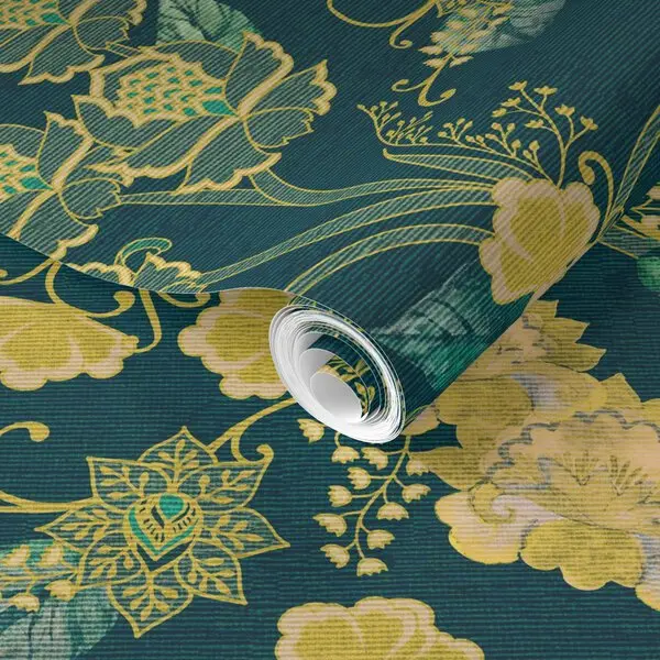 Spoonflower Teal Antique Decorative Romantic Bohemian Rococo Custom Pre-pasted Wallpaper - Teal,yellow,green
