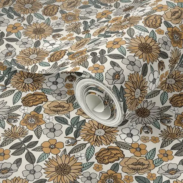 Spoonflower Larges Seventies Gold Florals Traditional Wallpaper - Brown,beige