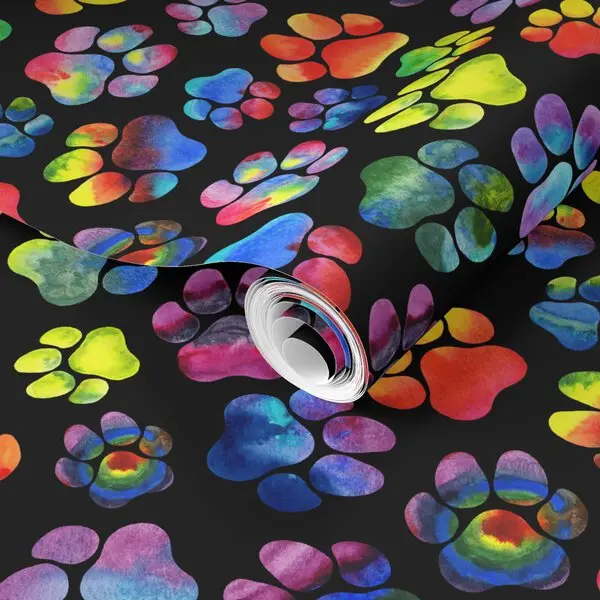 Spoonflower Watercolor Paw Print Prints Colorful Pets Custom Pre-pasted Wallpaper - Rainbow