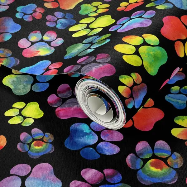 Spoonflower Watercolor Paw Print Prints Colorful Pets Custom Pre-pasted Wallpaper - Rainbow