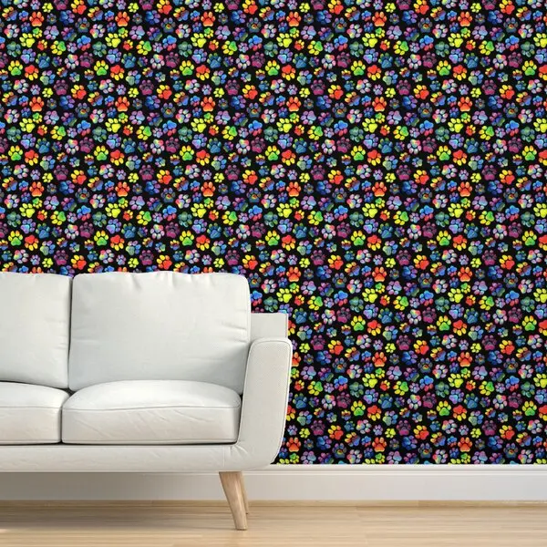Spoonflower Watercolor Paw Print Prints Colorful Pets Custom Pre-pasted Wallpaper - Rainbow