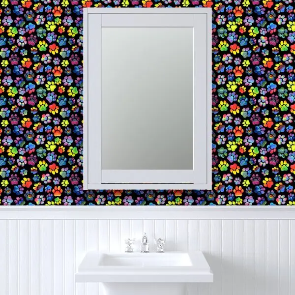 Spoonflower Watercolor Paw Print Prints Colorful Pets Custom Pre-pasted Wallpaper - Rainbow