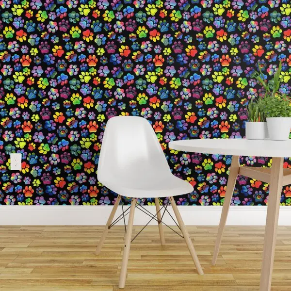 Spoonflower Watercolor Paw Print Prints Colorful Pets Custom Pre-pasted Wallpaper - Rainbow