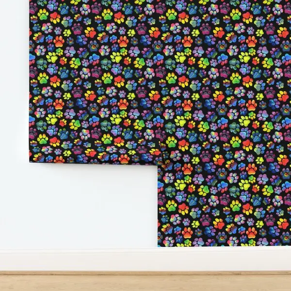 Spoonflower Watercolor Paw Print Prints Colorful Pets Custom Pre-pasted Wallpaper - Rainbow