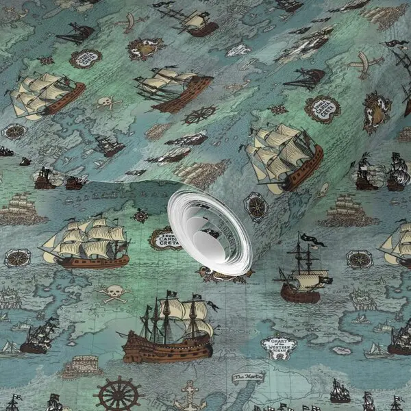 Spoonflower Pirate Ships Map Blue Small Nautical Anchor Custom Removable Wallpaper - Blue,brown,gray