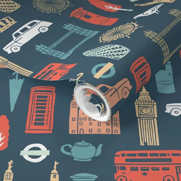 Spoonflower England City London Britain Big Ben Uk Traditional Wallpaper - Blue,pink,brown