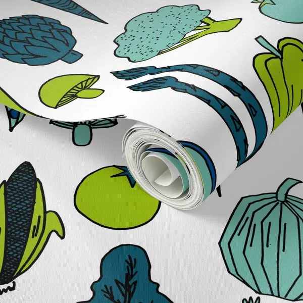 Spoonflower Vegetable Harvest Broccoli Food Veggies Green Blue Custom Pre-pasted Wallpaper - Green,blue,mint