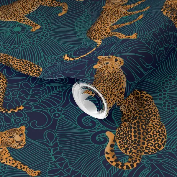 Spoonflower Animal Jungle Leopard Cheetah Exotic Animalier Traditional Wallpaper - Blue,brown