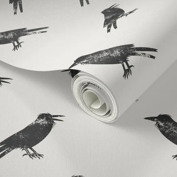 Spoonflower Black Raven Ravens Halloween Poe Custom Pre-pasted Wallpaper - Black,gray