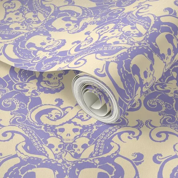 Spoonflower Skulls Cthulhu Hidden Tentacle Subversive Custom Pre-pasted Wallpaper - Gray,purple,brown