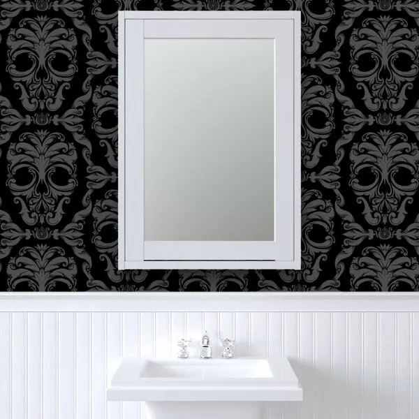 Spoonflower Skulls Black Gray Halloween Skull Victorian Damask Traditional Wallpaper - Black,gray