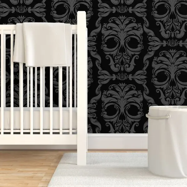 Spoonflower Skulls Black Gray Halloween Skull Victorian Damask Traditional Wallpaper - Black,gray