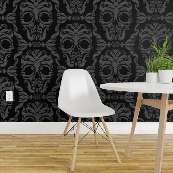 Spoonflower Skulls Black Gray Halloween Skull Victorian Damask Traditional Wallpaper - Black,gray