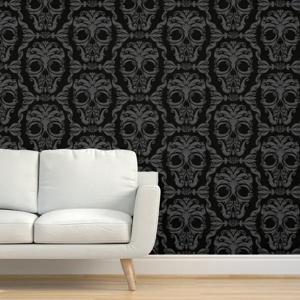 Spoonflower Skulls Black Gray Halloween Skull Victorian Damask Traditional Wallpaper - Black,gray