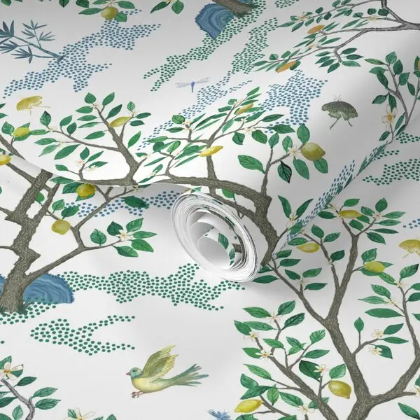 Spoonflower Smaller Multi Citrus Grove Toile White Bird Green Custom Pre-pasted Wallpaper - Green,brown,mint