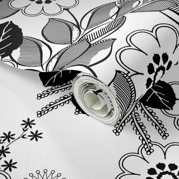 Spoonflower Black White Floral Coloring Book Vintage Custom Removable Wallpaper - Black,white,gray